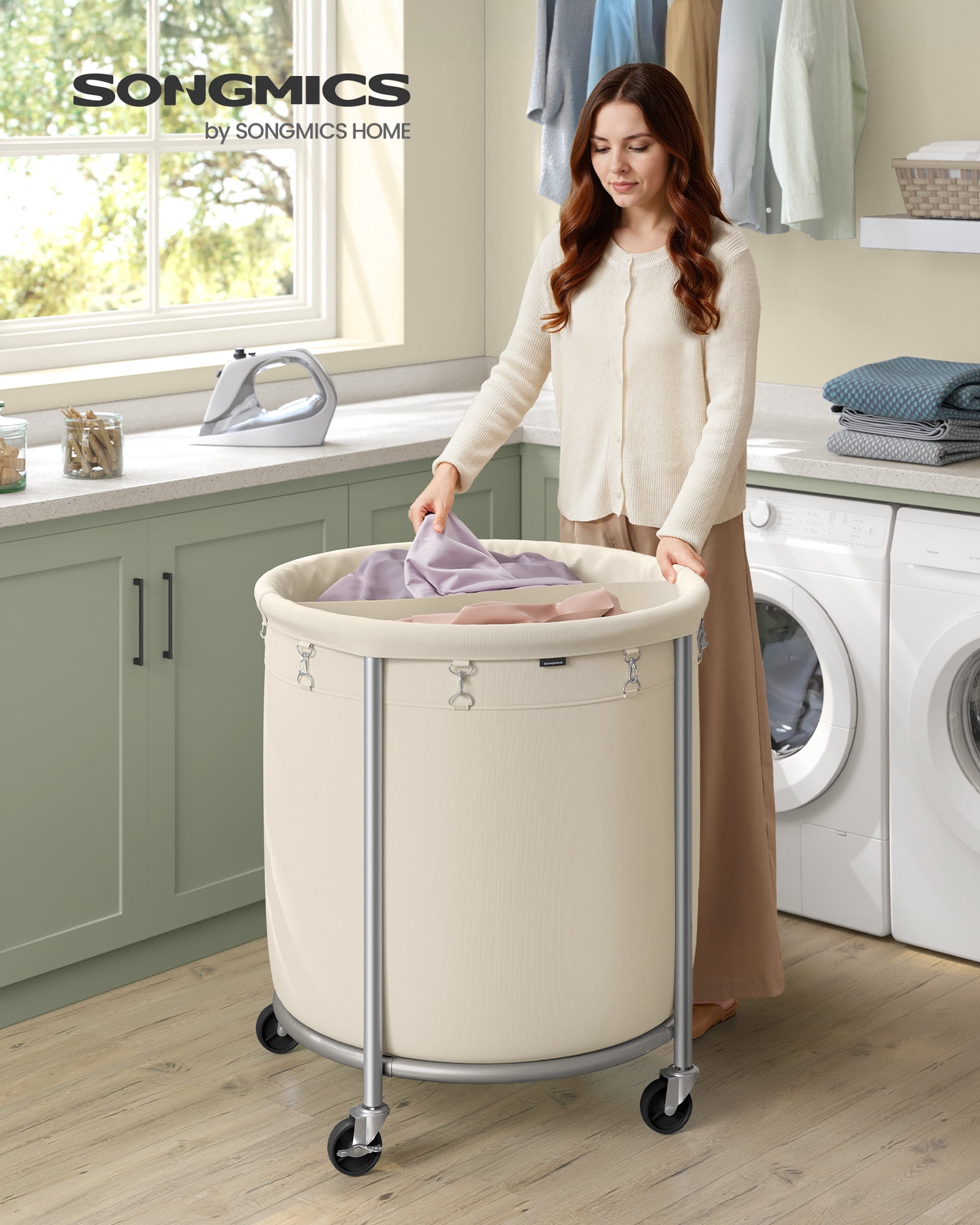 63.5-Gallon Rolling Laundry Hamper with 2 Compartments, Heavy-Duty ...