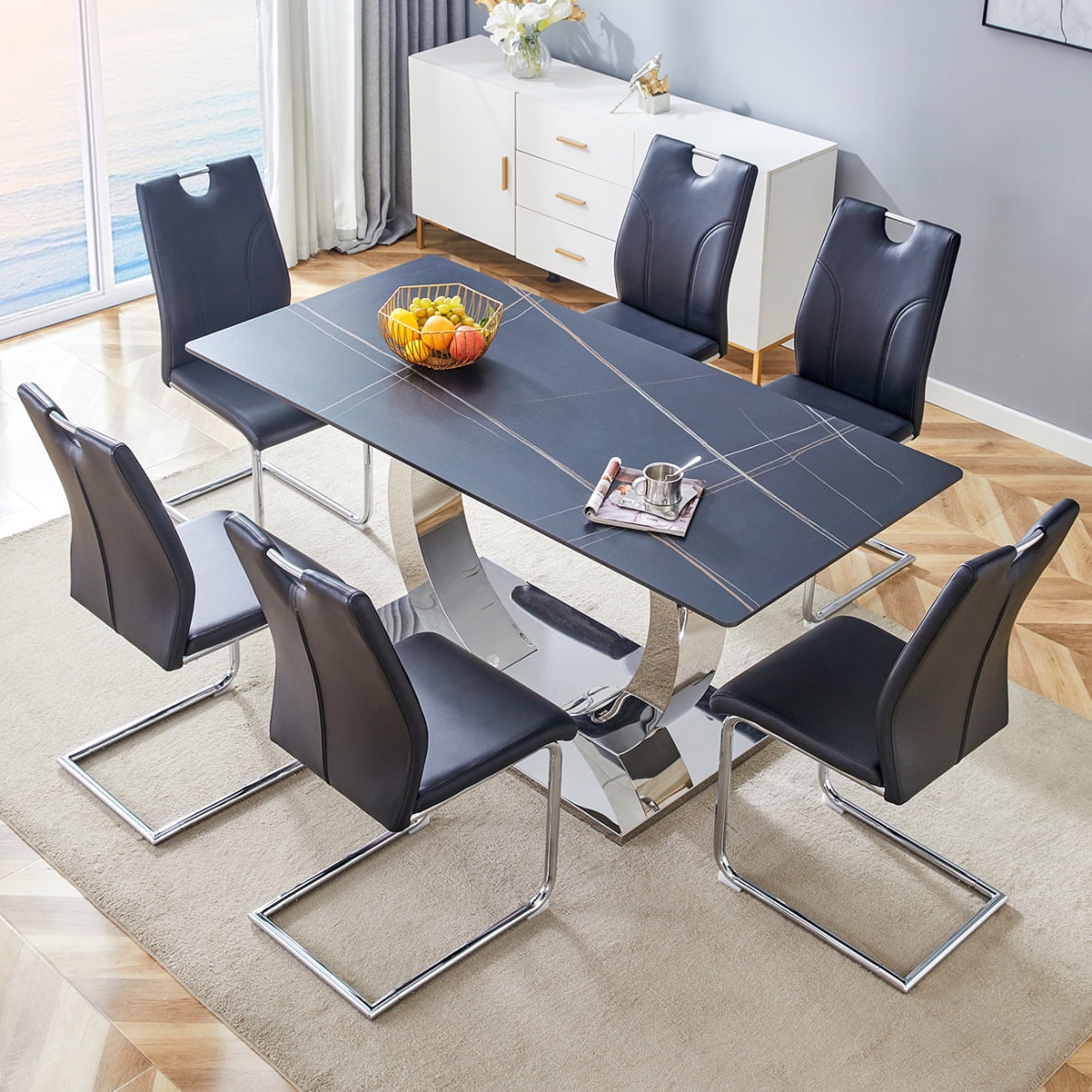 63.5-Inch Sintered Stone Dining Table with 6 Black Textured Chairs ...