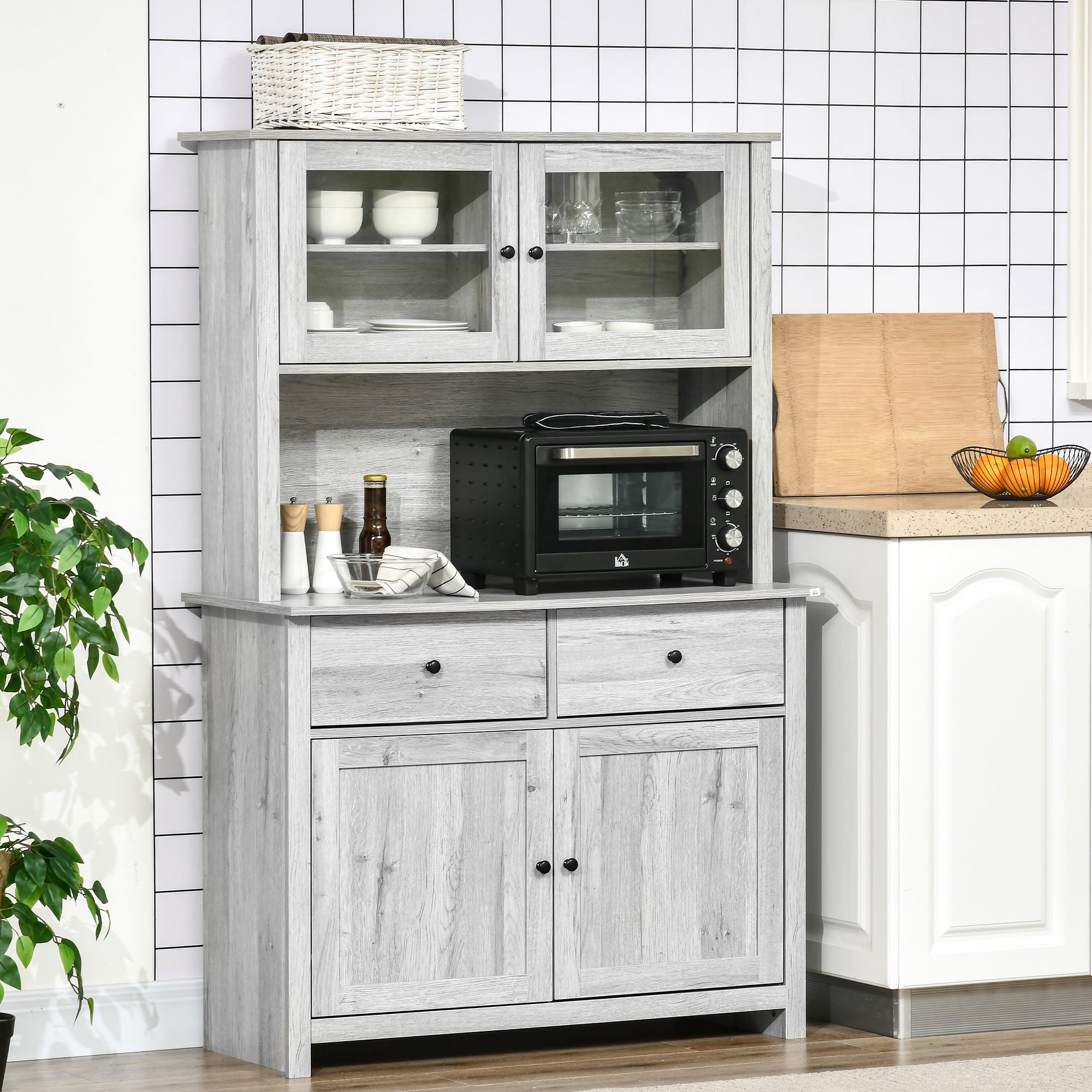 63.5" Kitchen Buffet With Hutch, Pantry Storage Cabinet With 4 Shelves ...