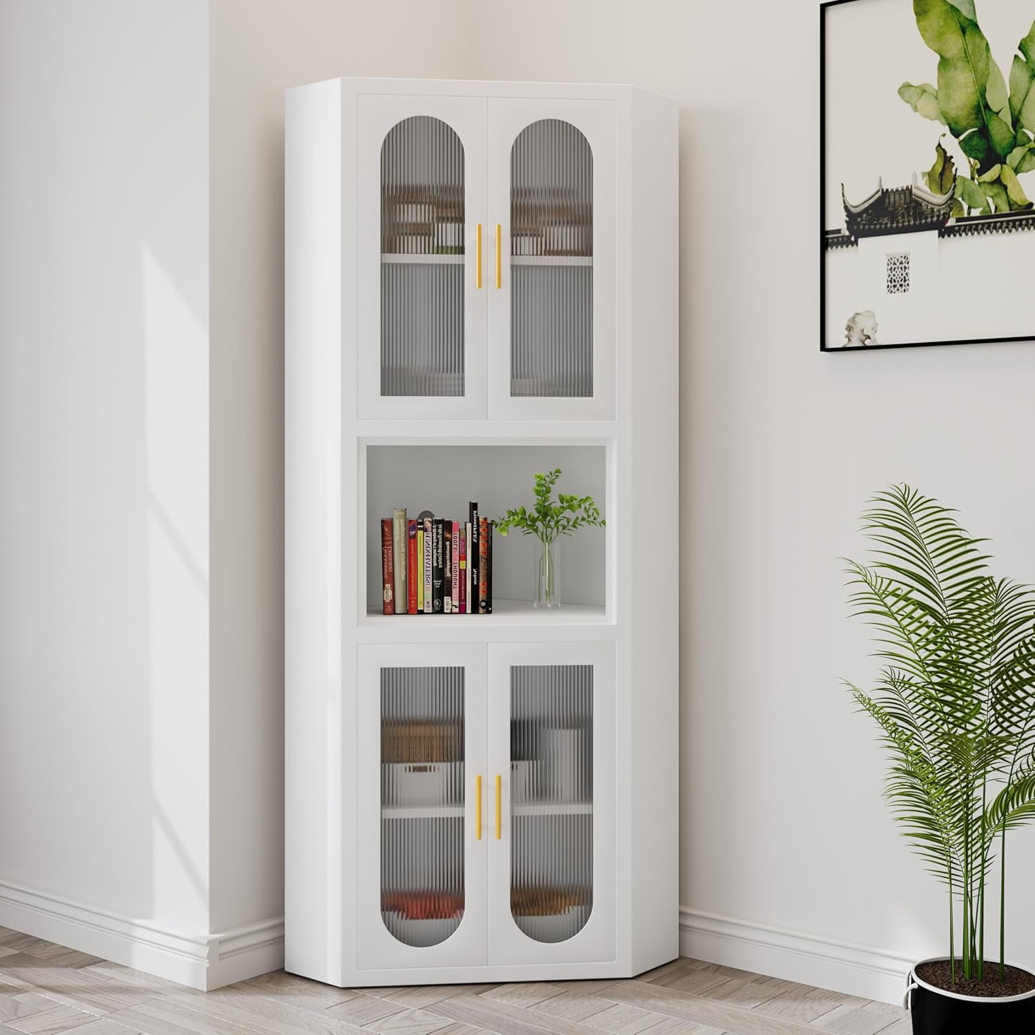 63.6" Farmhouse Corner Cabinet, Tall Metal Pantry Storage Cabinet with ...