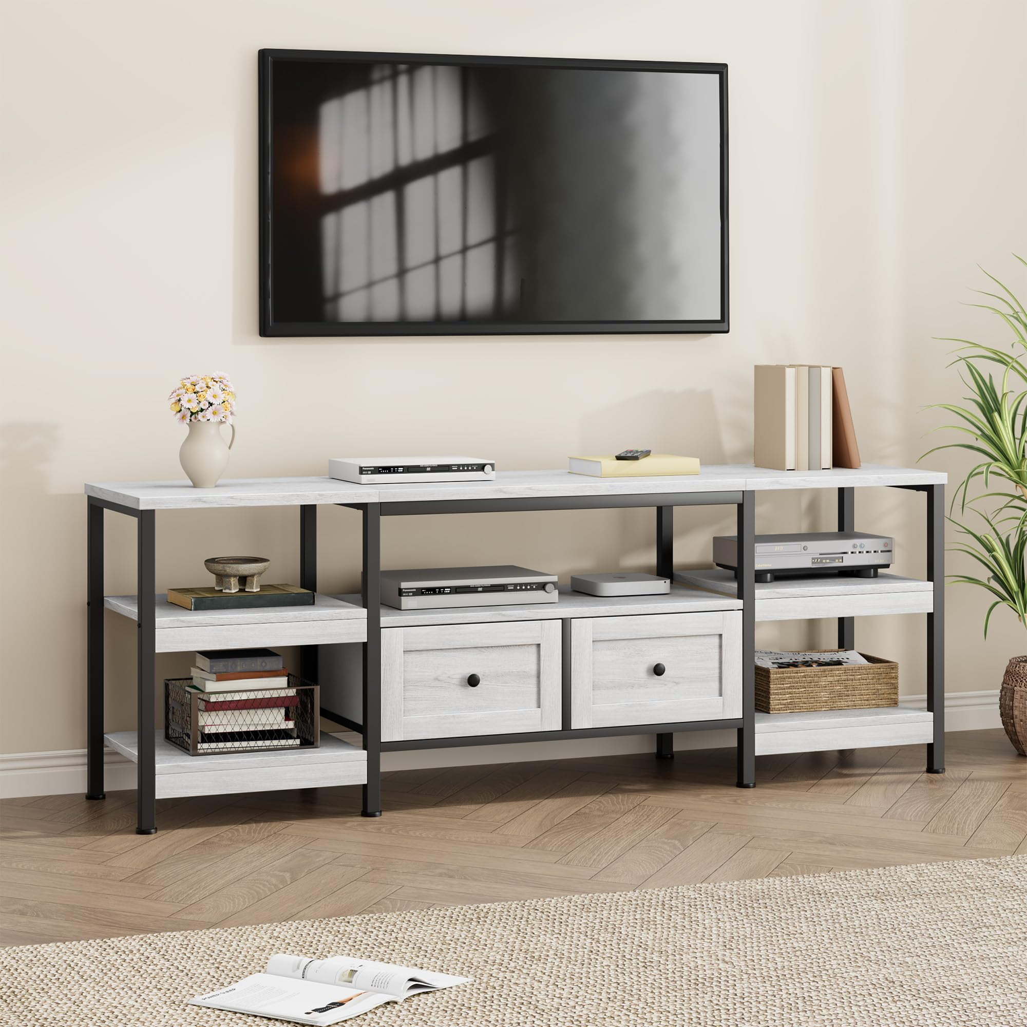 63"/71"/79" Modern-Industrial TV Stand with 2 Fabric Drawers ...