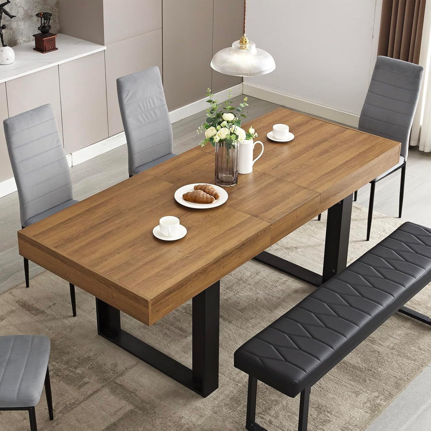 63”-79” Extendable Dining Room Table, Modern Farmhouse Wooden Kitchen ...