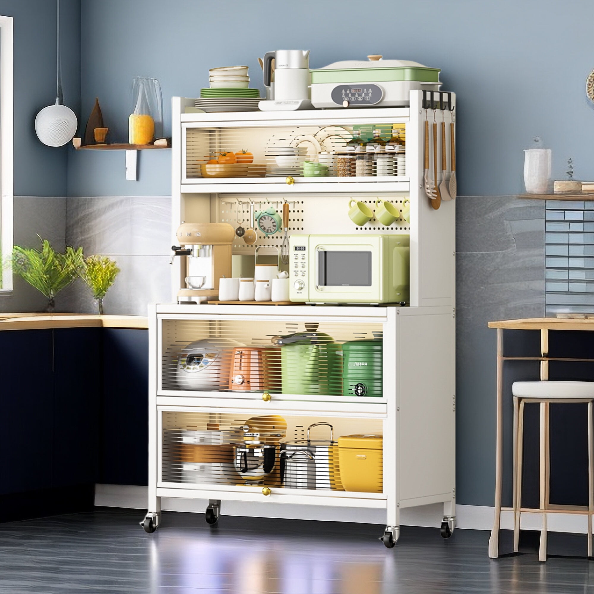 63.98" White Metal Storage Shelves - Heavy Duty Kitchen Cabinet with ...