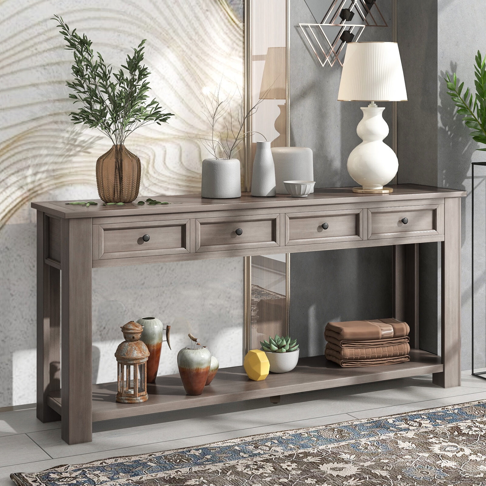 63" Accent Console Table, Modern Sofa Table with 4 Storage Drawers and ...