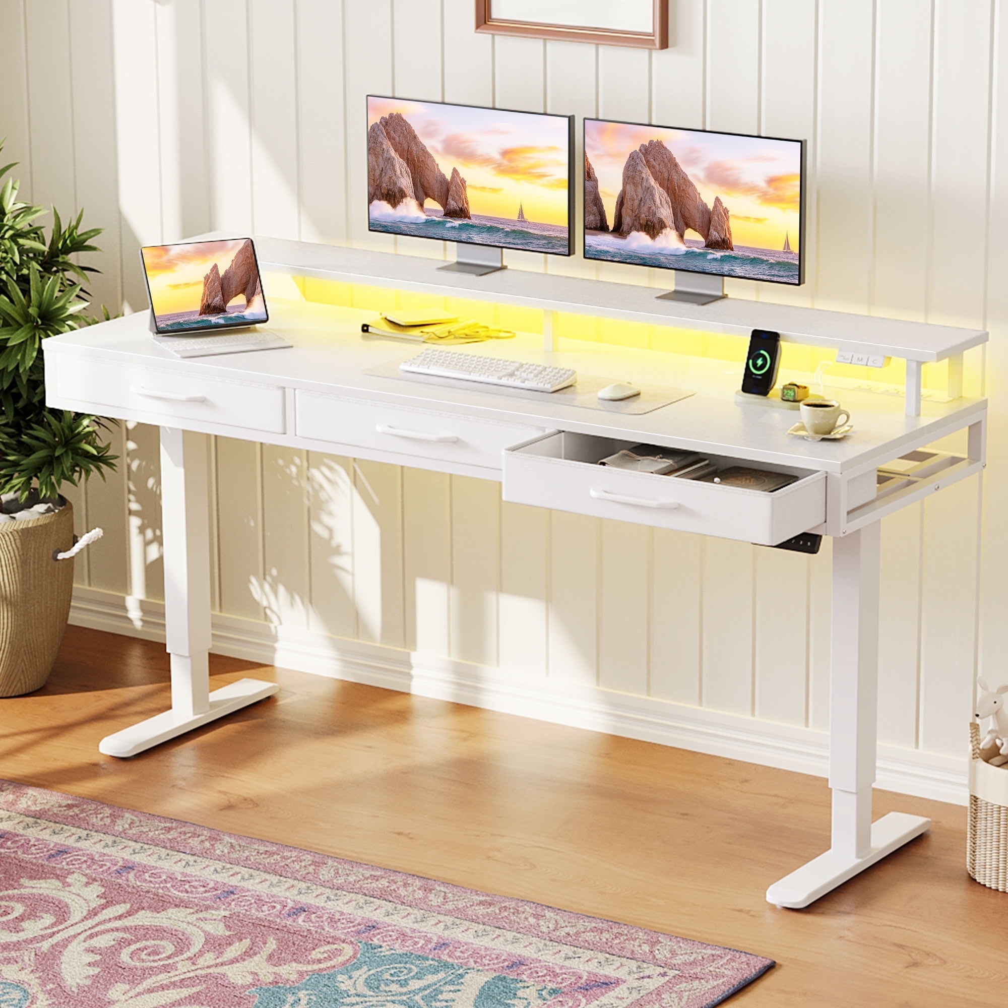 Casacomoda 63” Electric Standing Desk with Power Outlets and LED Lights ...