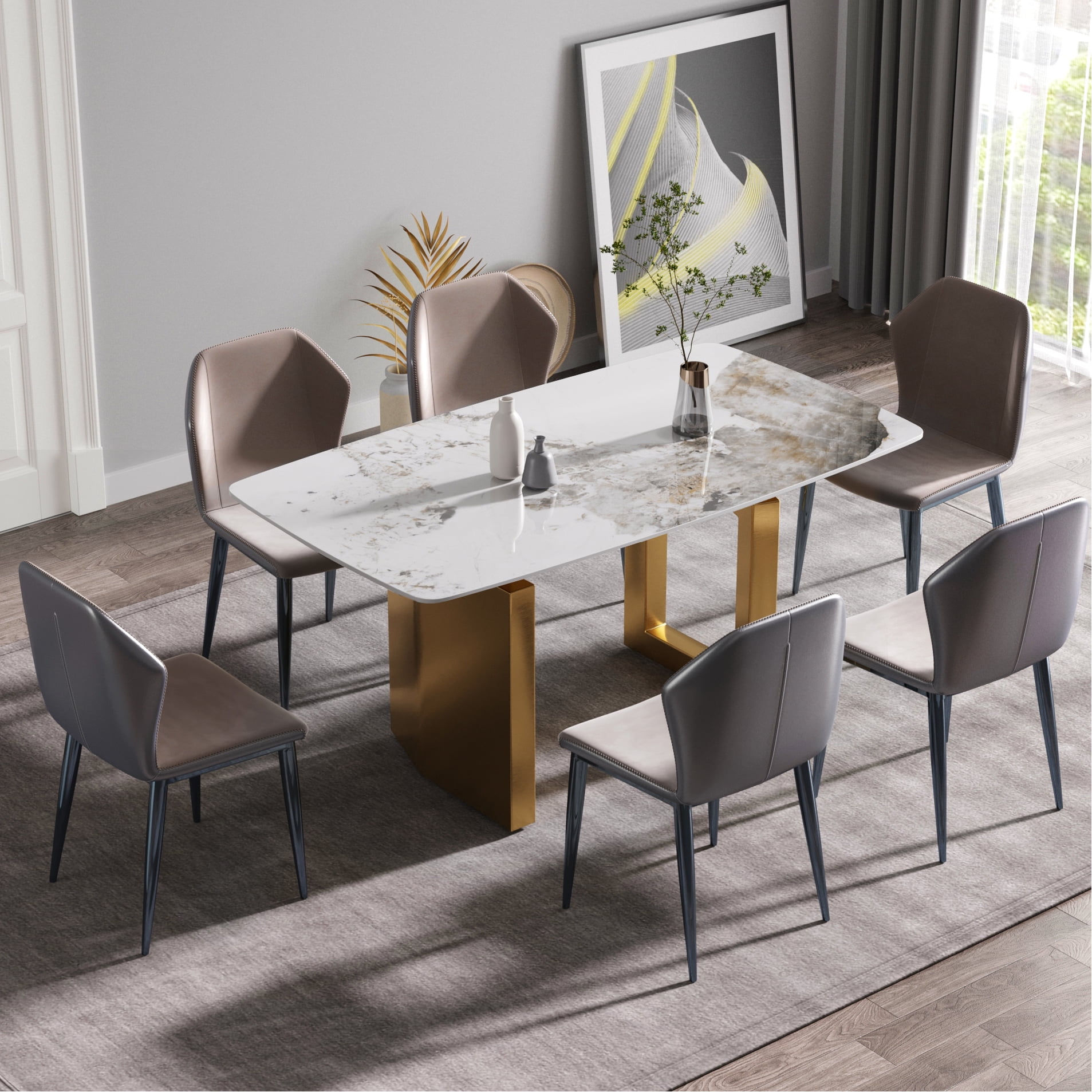 63" Antique White Curved Dining Table - Sintered Stone, Golden Metal ...