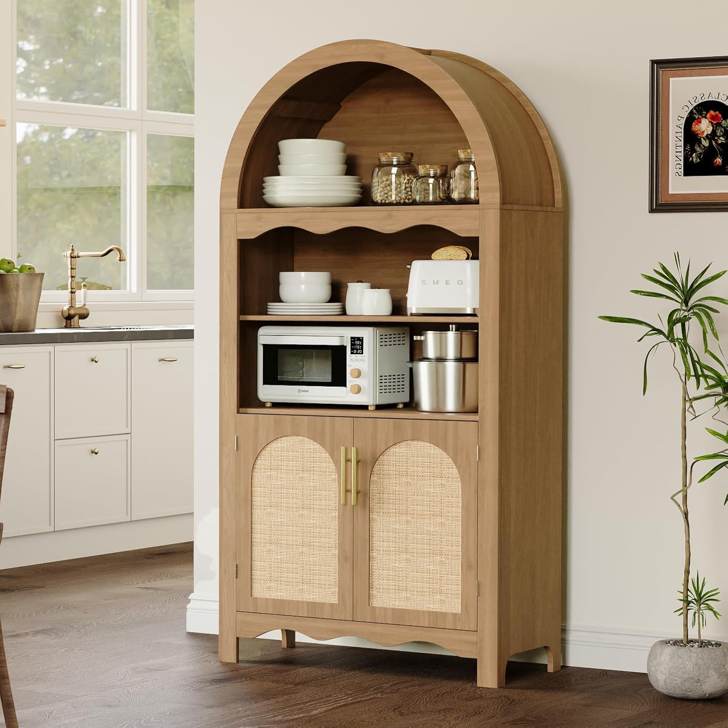 63" Arched Kitchen Pantry Cabinet, Arched Cabinet with Rattan Doors ...