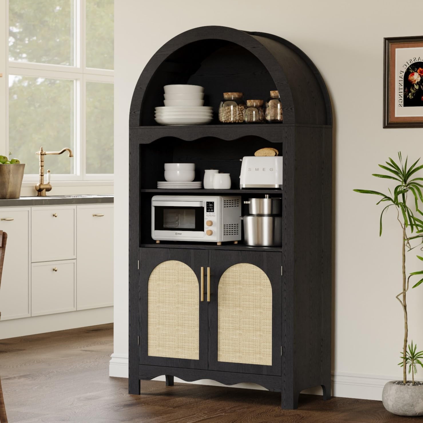 63" Arched Kitchen Pantry Cabinet, Arched Cabinet with Rattan Doors ...
