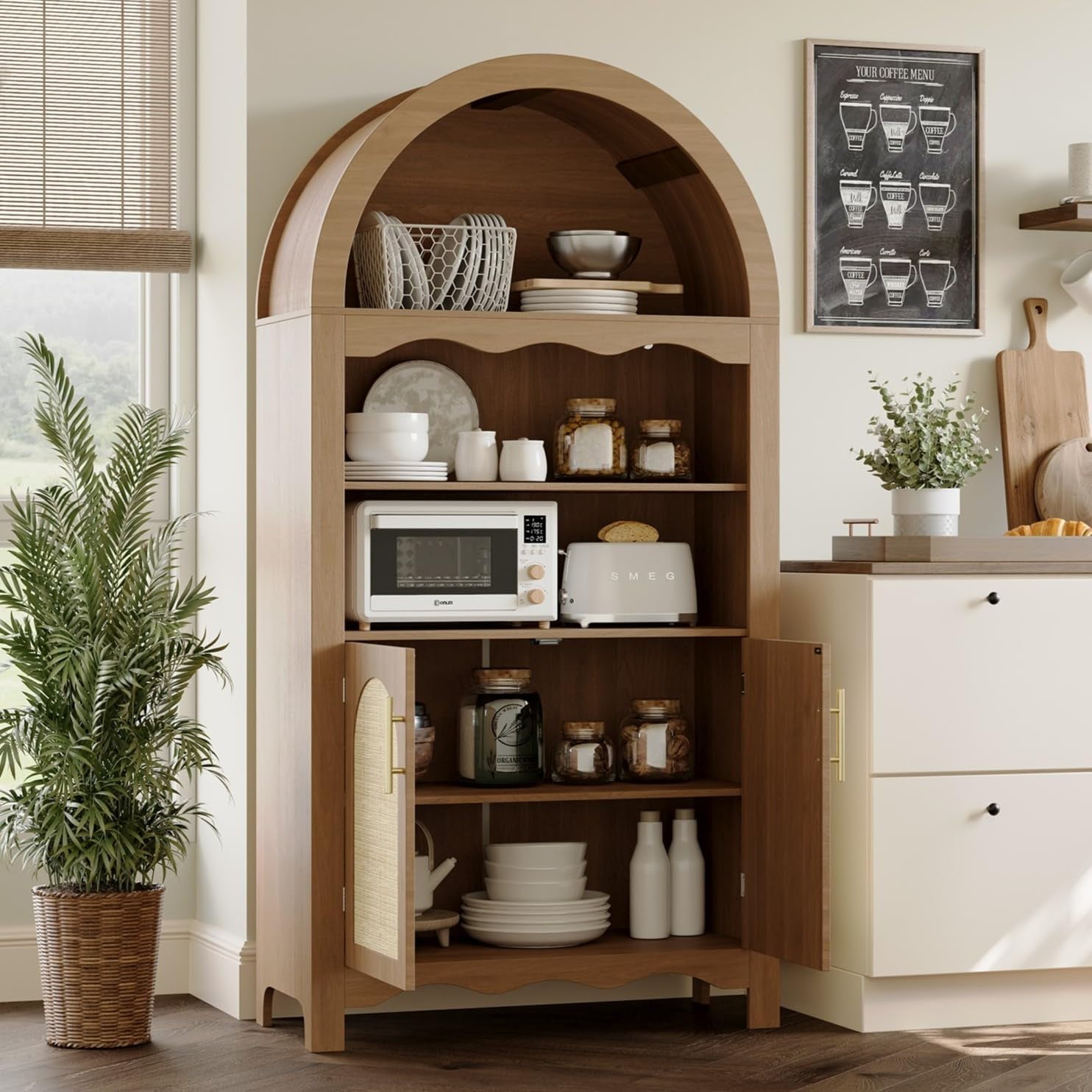 63" Arched Kitchen Pantry Cabinet, Arched Cabinet with Rattan Doors ...