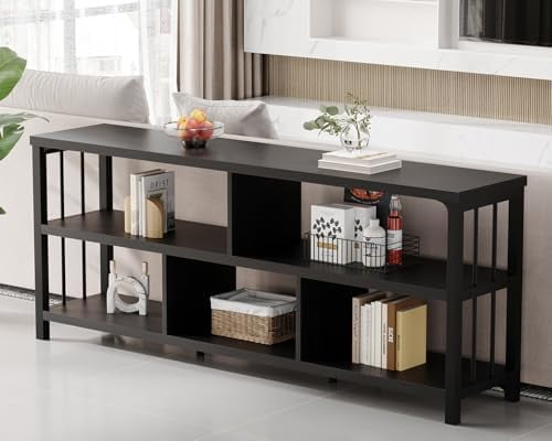 63” Black Bookshelf, Industrial Long Open Horizontal Cube Book Shelf ...