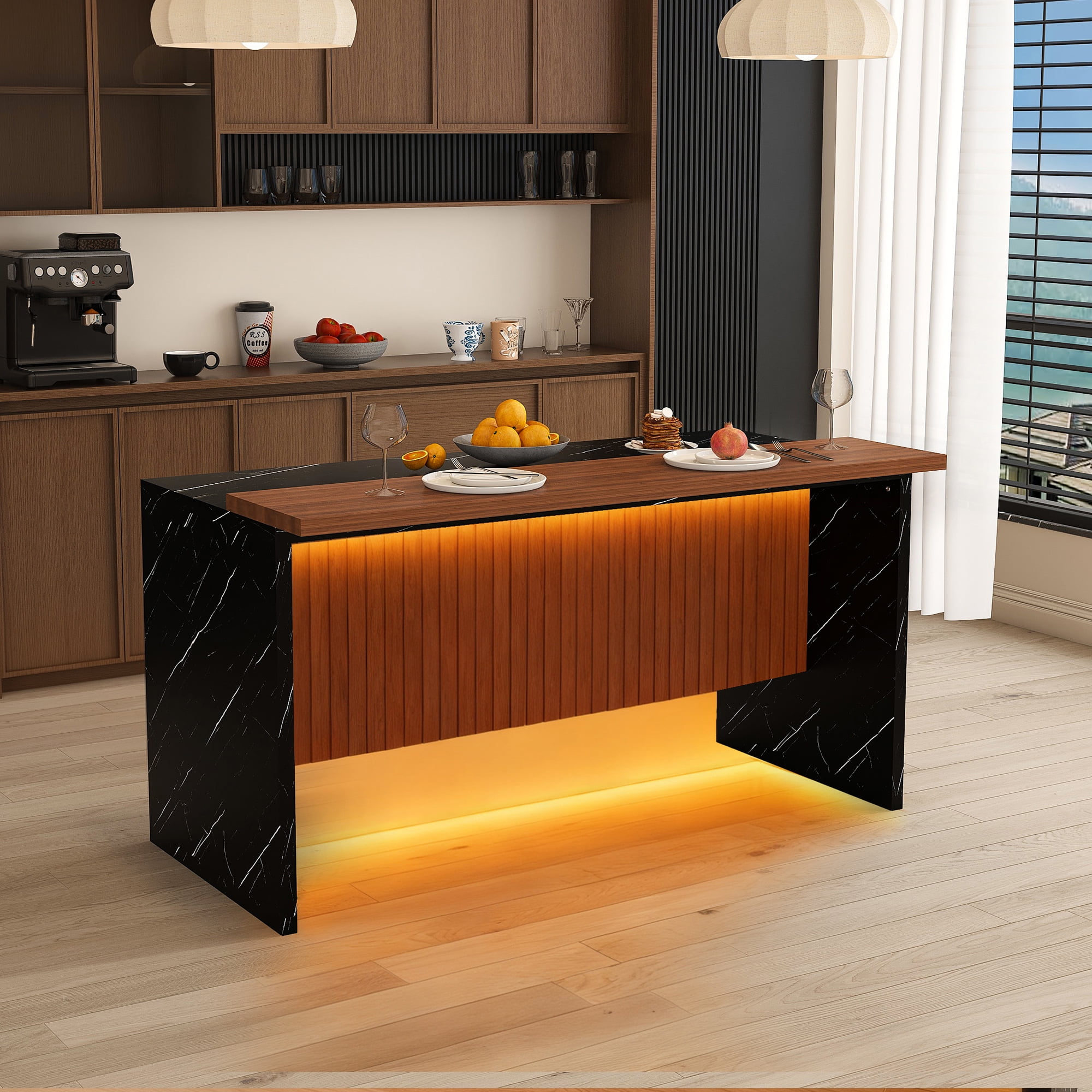 63" Black Kitchen Island with Marble-Look Surface & LED Lights ...