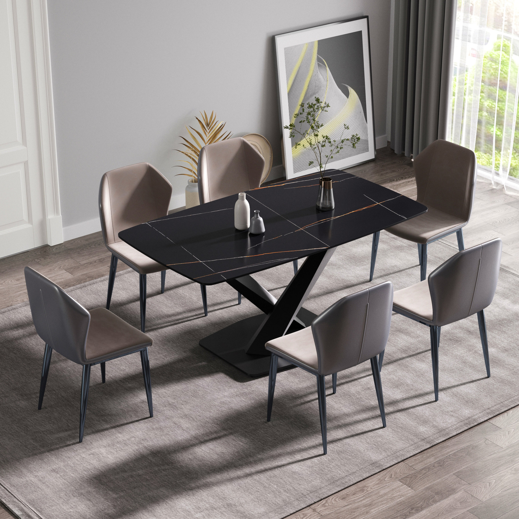 63" Black Leg Dining Table of Sintered Stone | Seats 6-8, Hard Surface ...