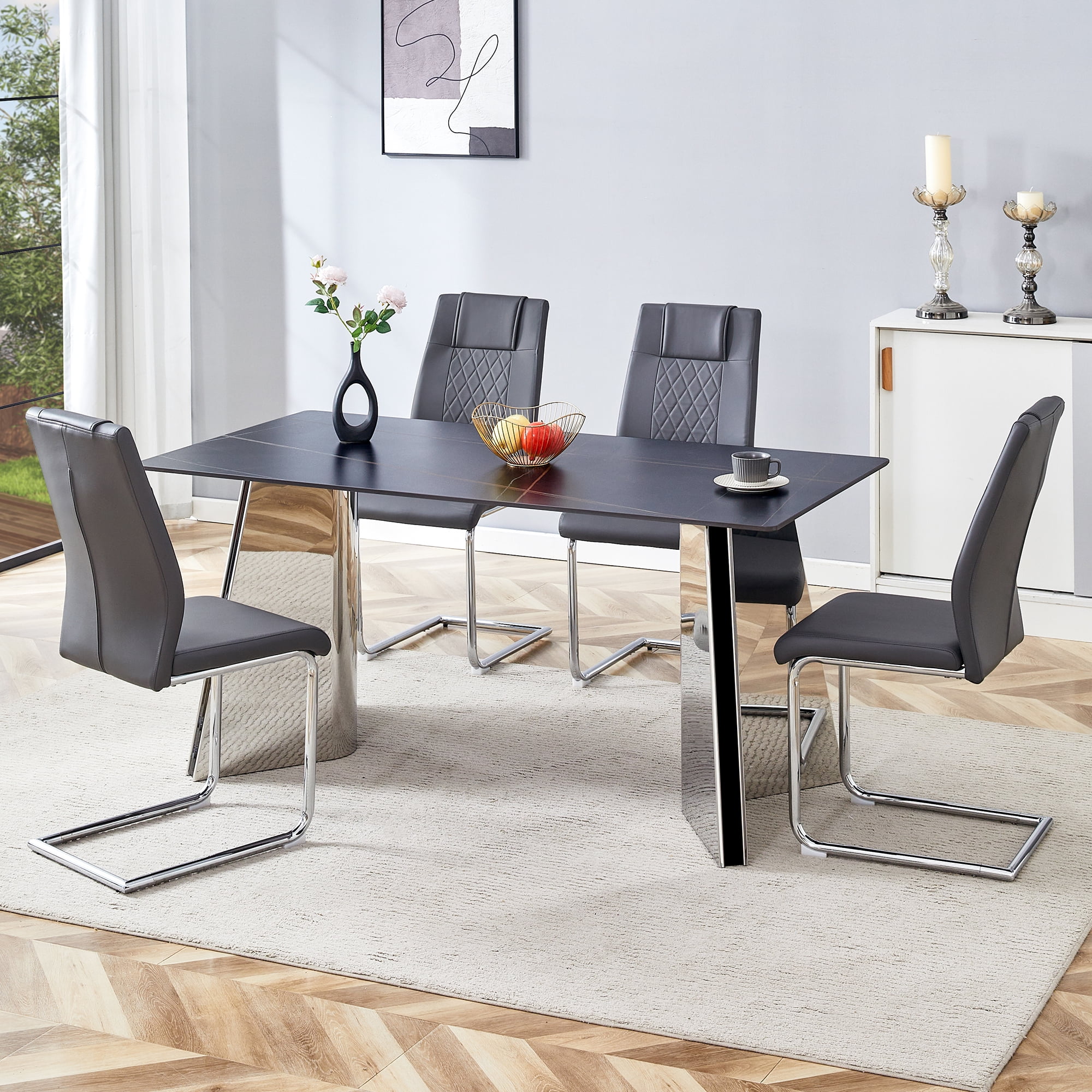 63" Black Marble Slab Dining Table Set with 4 Dark Gray PU Chairs ...