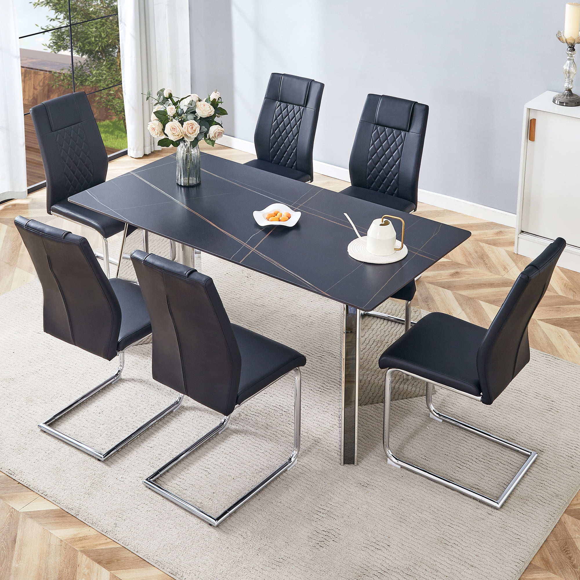 63" Black Marble Slab Dining Table Set with 6 PU Chairs, Stainless ...
