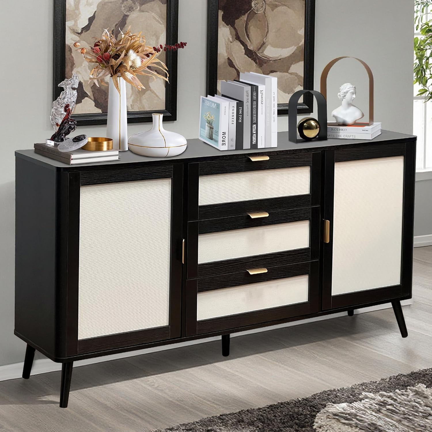 63" Buffet Cabinet with Drawers, Modern Sideboard Storage Cabinet with Adjustable Shelves, Large ...