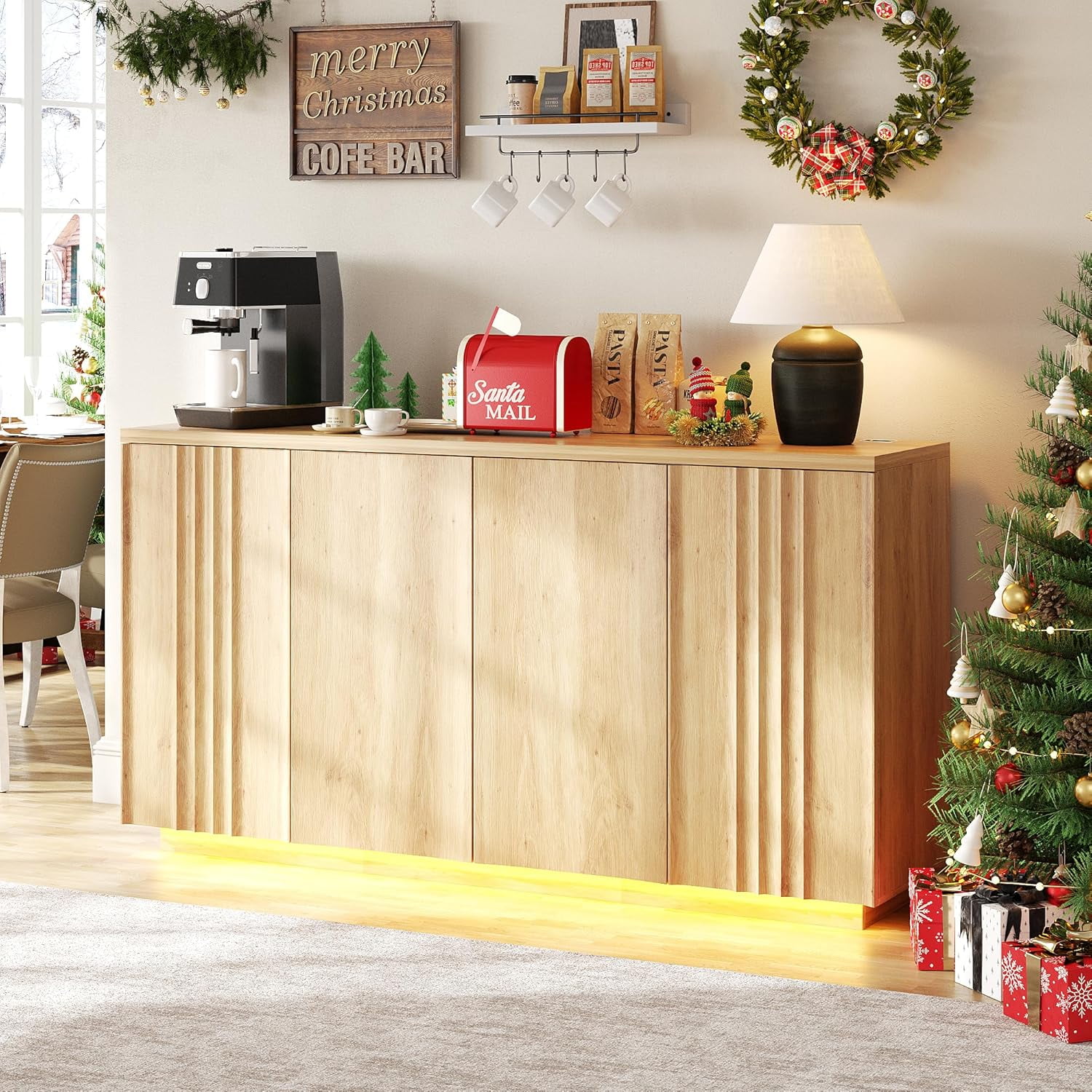 63'' Buffet Cabinet with Storage, Coffee Bar with 4 Doors & 2 Adjustable Shelves, Modern ...