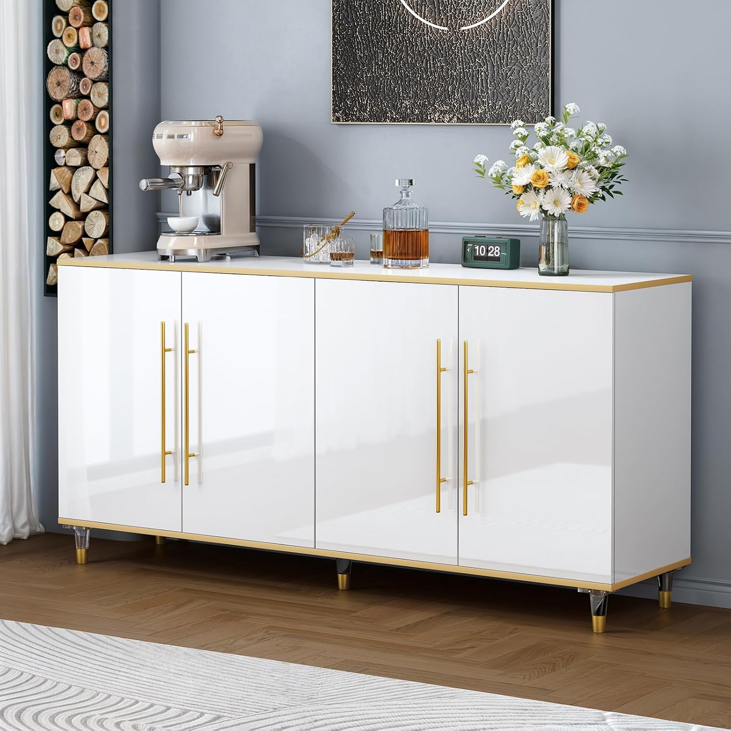 63" Buffet Sideboard Cabinet with Storage, High Glossy Coffee Bar ...