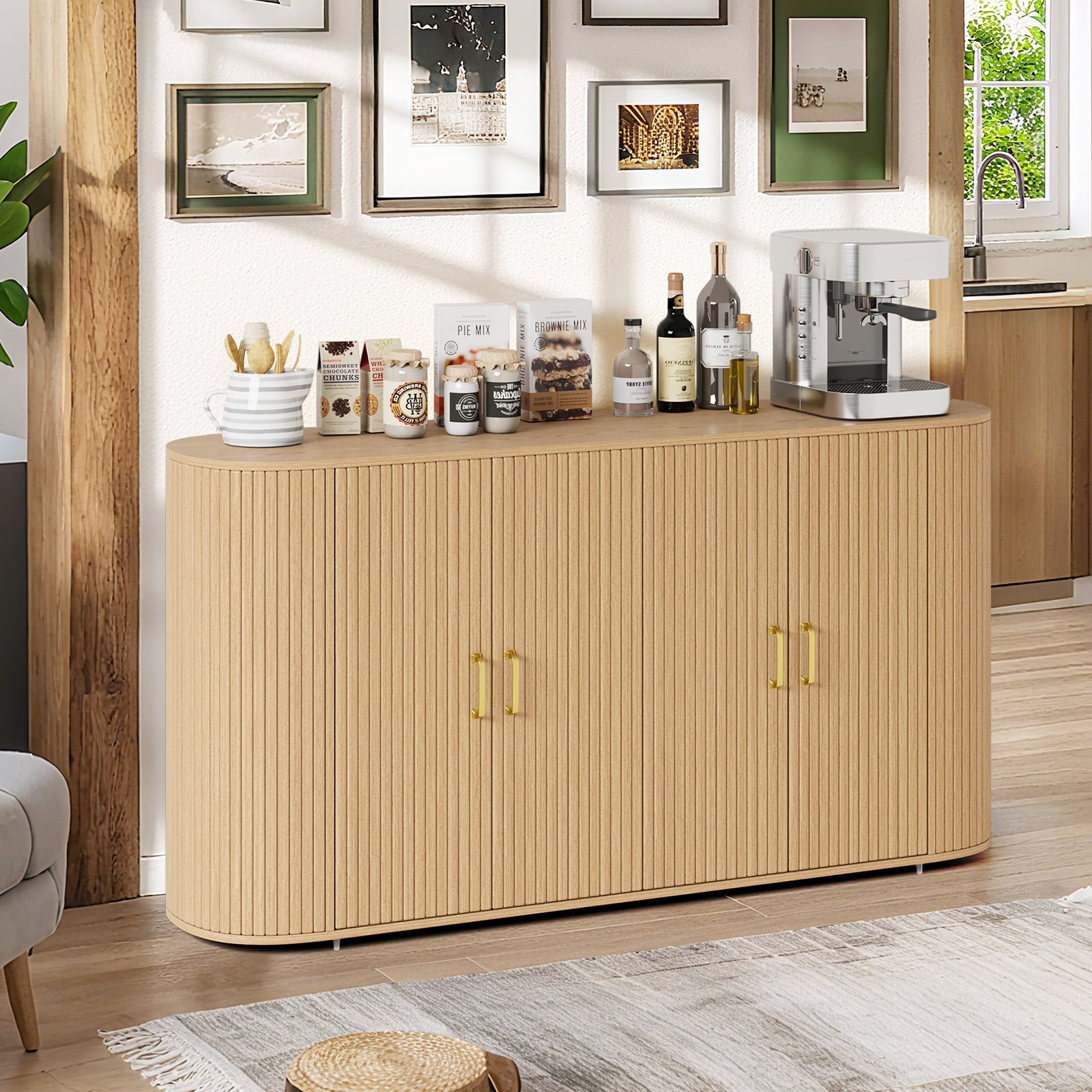 63" Buffet Sideboard Cabinet with Storage, Fluted Accent Credenza with Adjustable Shelves ...