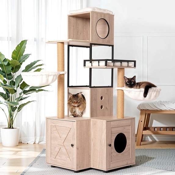63" Cat Tree with Litter Box Enclosure – Multi-Functional Tower with ...