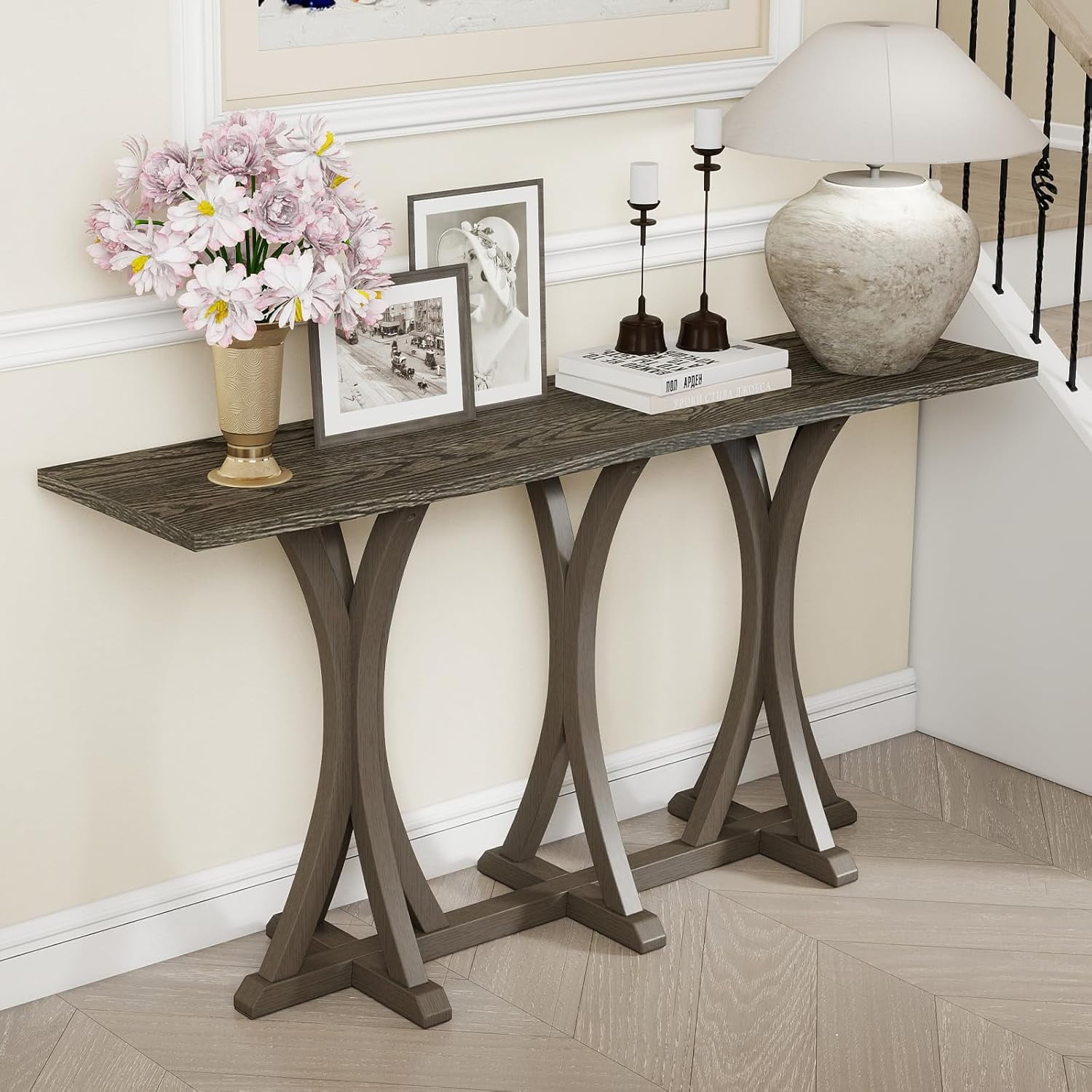 63”Console Table with 2 Drawers, Retro Entryway Table with Fluted Panel ...