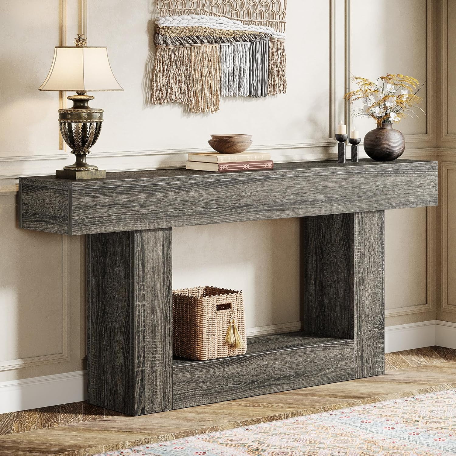 63" Console Table, 2-Tier Entryway Table with U-Shaped Base, Narrow ...