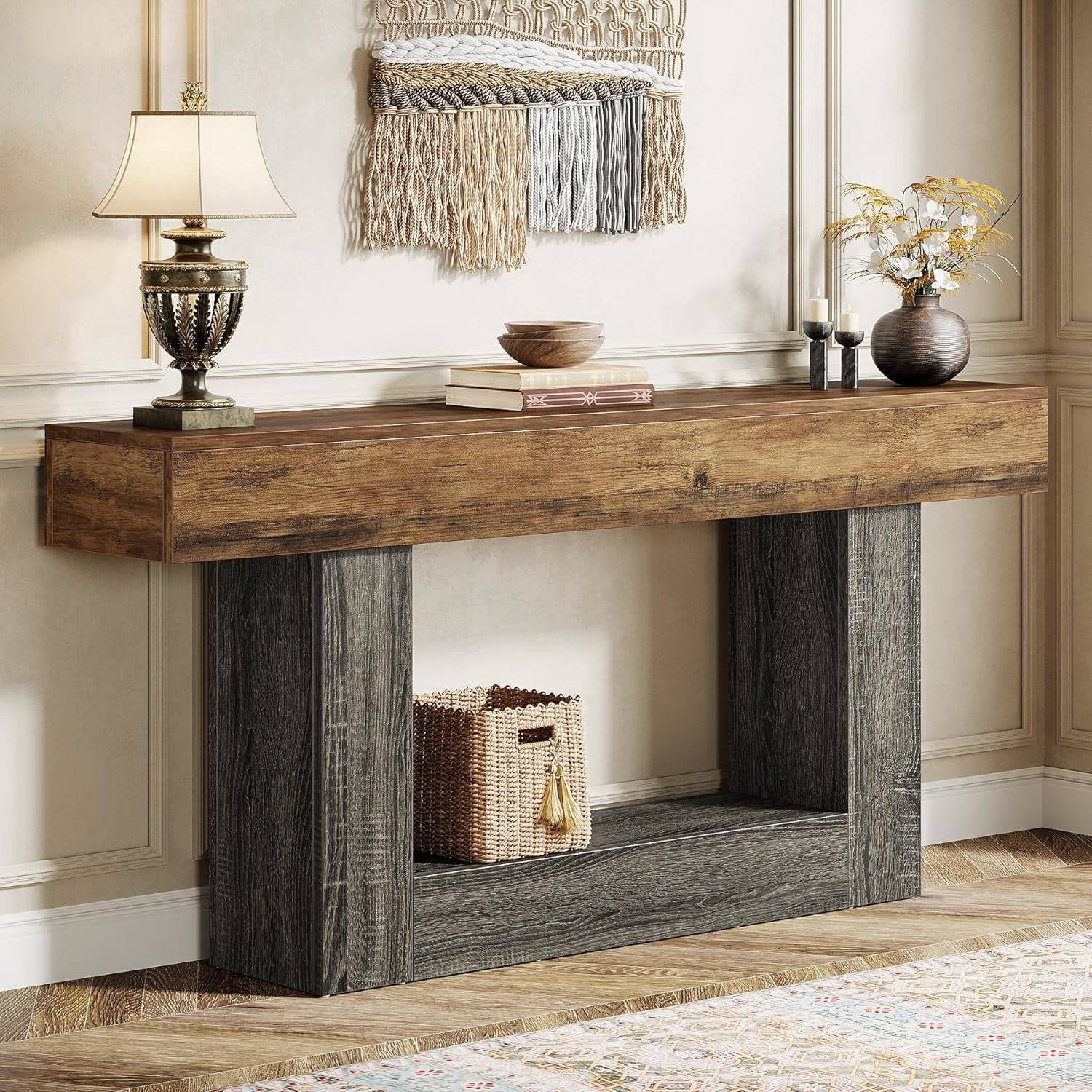 63" Console Table, 2-Tier Entryway Table with U-Shaped Base, Narrow ...