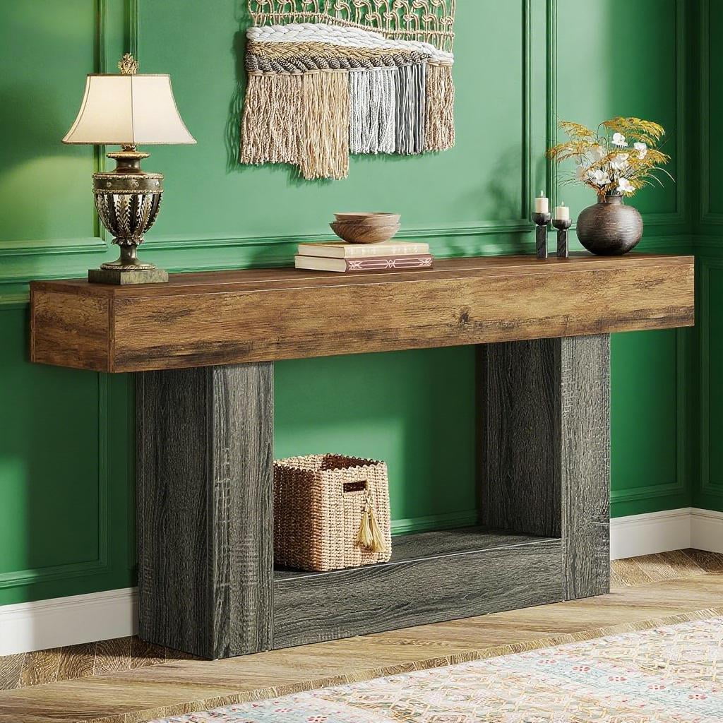 63" Console Table, Farmhouse 2-Tier Entryway Table with U-Shaped Base ...