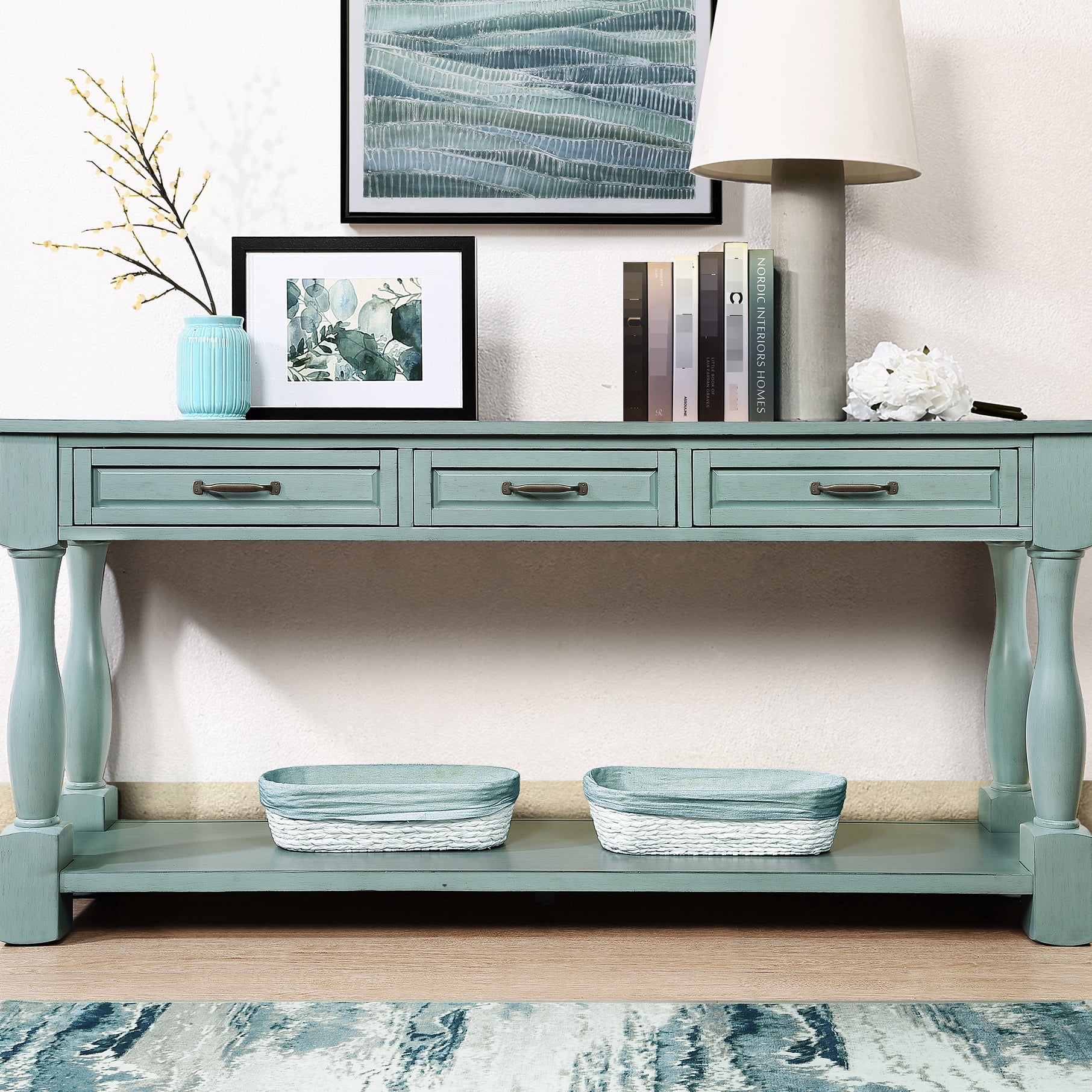 63'' Console Table With Solid Wood Legs, 3 Drawers & 1 Shelf, Retro ...