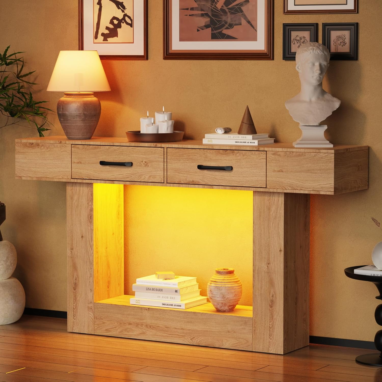 63" Console Table, Wooden Rectangular Sofa Table, with Socket, Light ...
