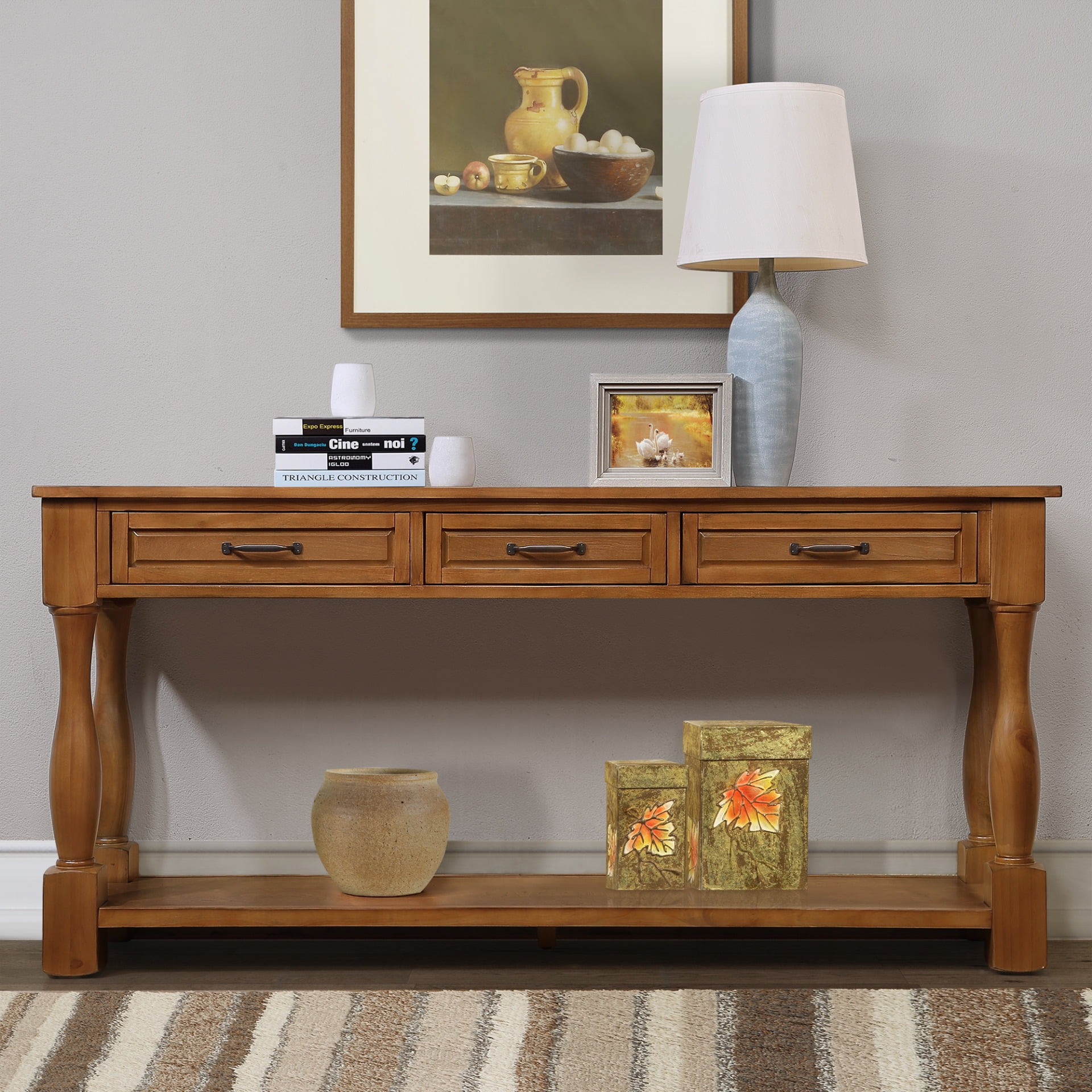 63" Console Table with 3 Drawers and 1 Bottom Shelf, Solid Wood ...