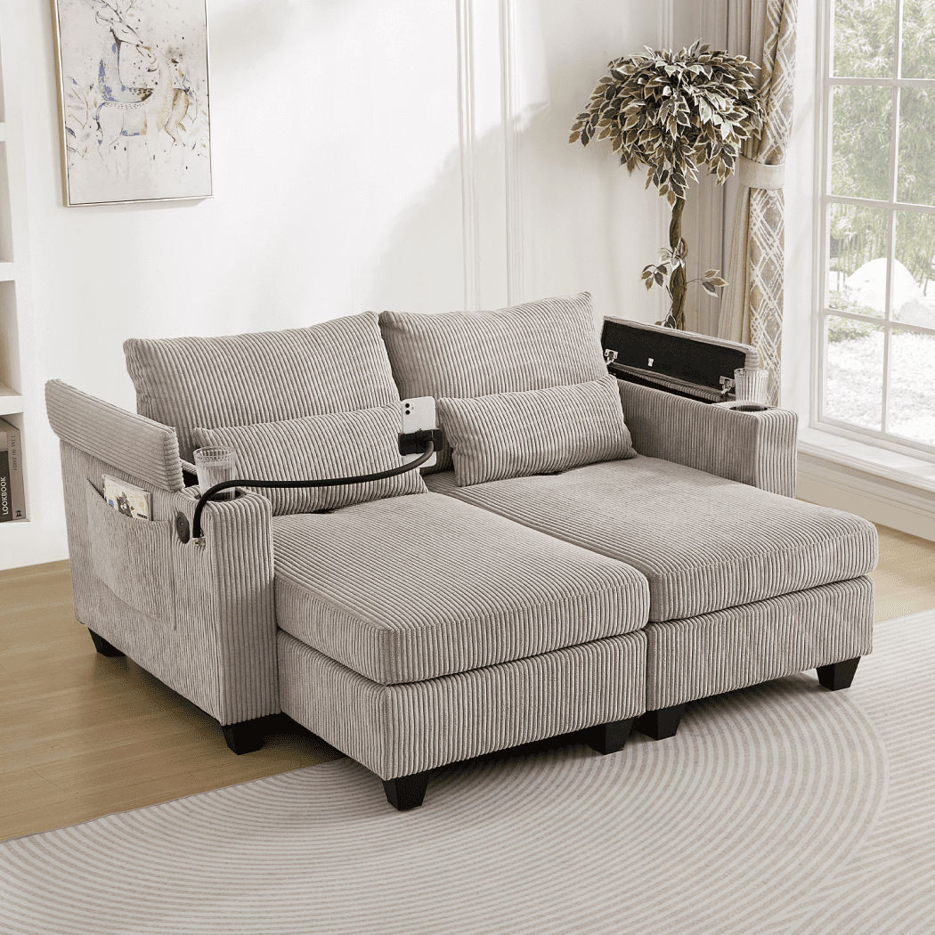 63" Convertible Chaise Lounge with USB Ports and Phone Holder, Corduroy ...