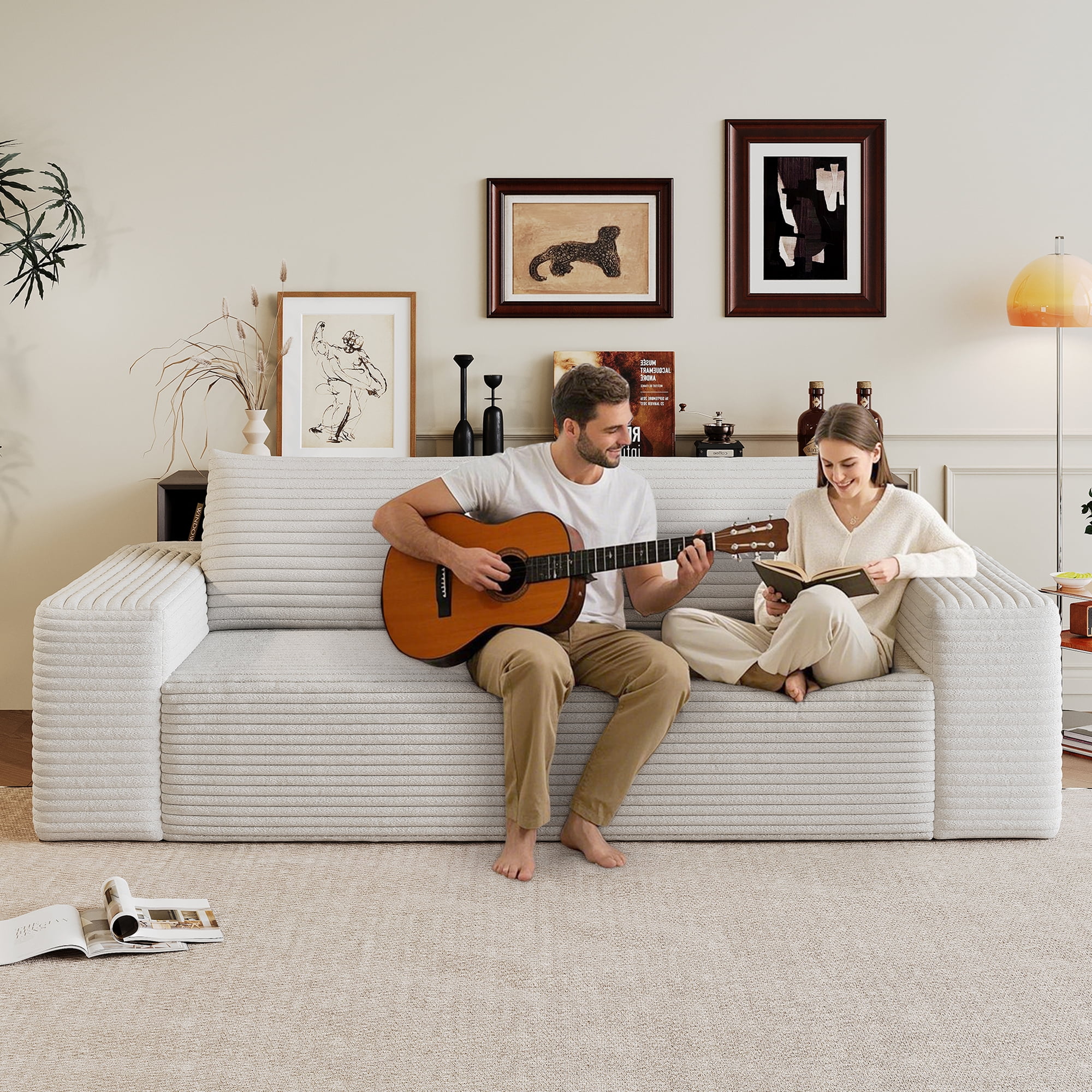 63" Corduroy Boneless Couch 2-Seater with 2 Pillows, Modern Loveseat ...