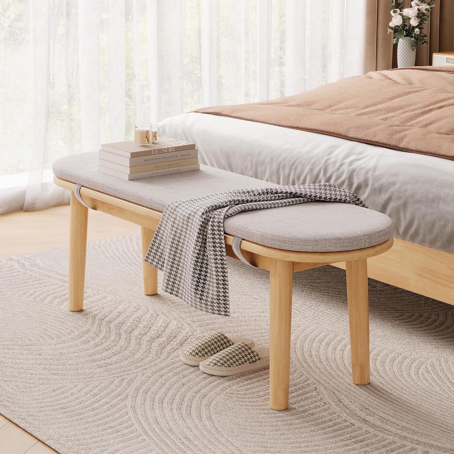 63" Dining Bench Rubber Wood for 6-8 Person,Bedroom Bench,Window Bench ...