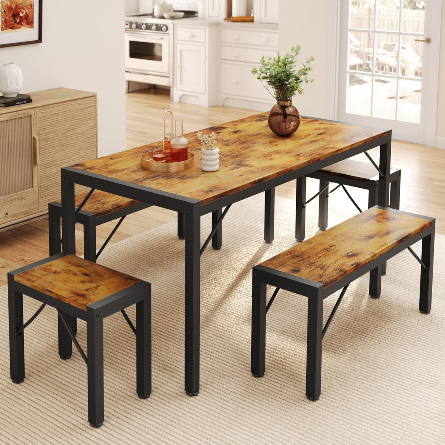 63" Dining Room Table Set for 6, Kitchen Table with 2 Benches and 2 ...