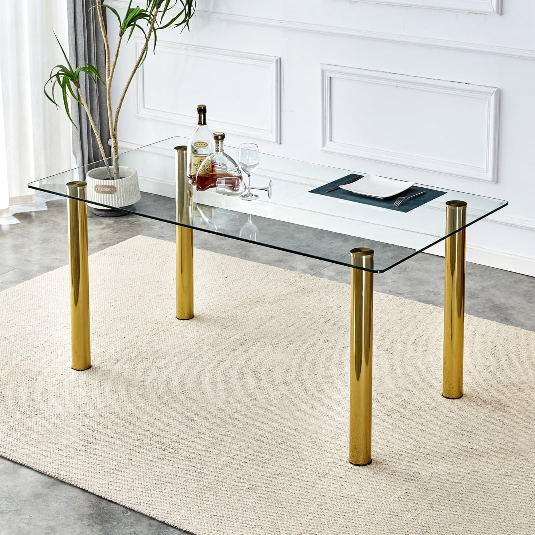 63" Modern Dining Table, Rectangular Glass, Gold Legs, for 4-6, Kitchen ...