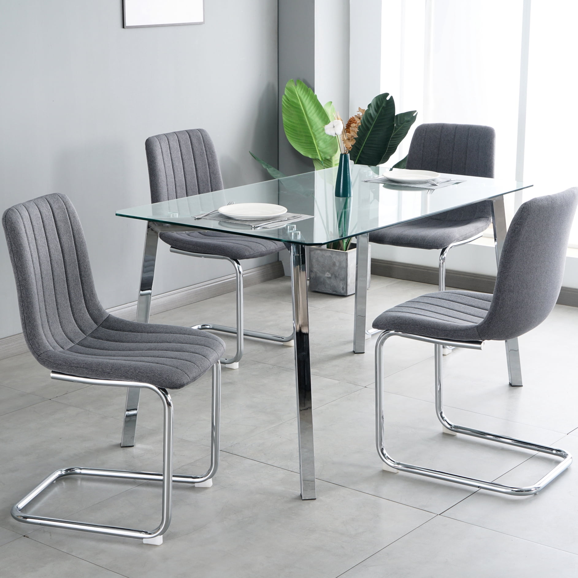 63" Dining Table And Chair With Clear Tempered Glass Top Fabric ...