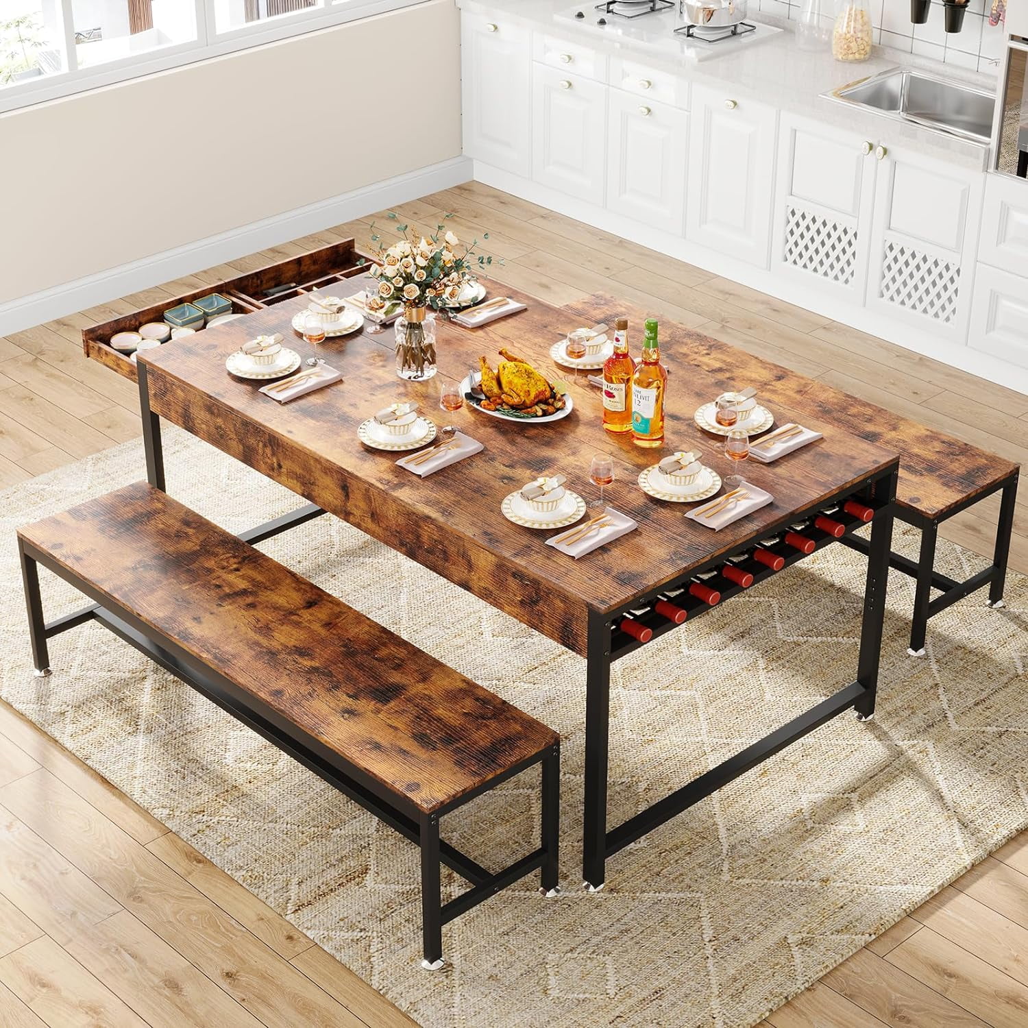 63" Dining Table Set for 4-6, 3-Piece Kitchen Table with 2 Utensil ...