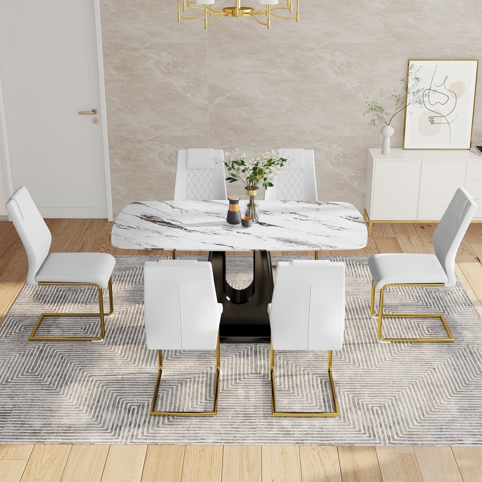 SUDICA 7 Piece Modern Dining Table Set, Faux Marble MDF Table, Stain ...
