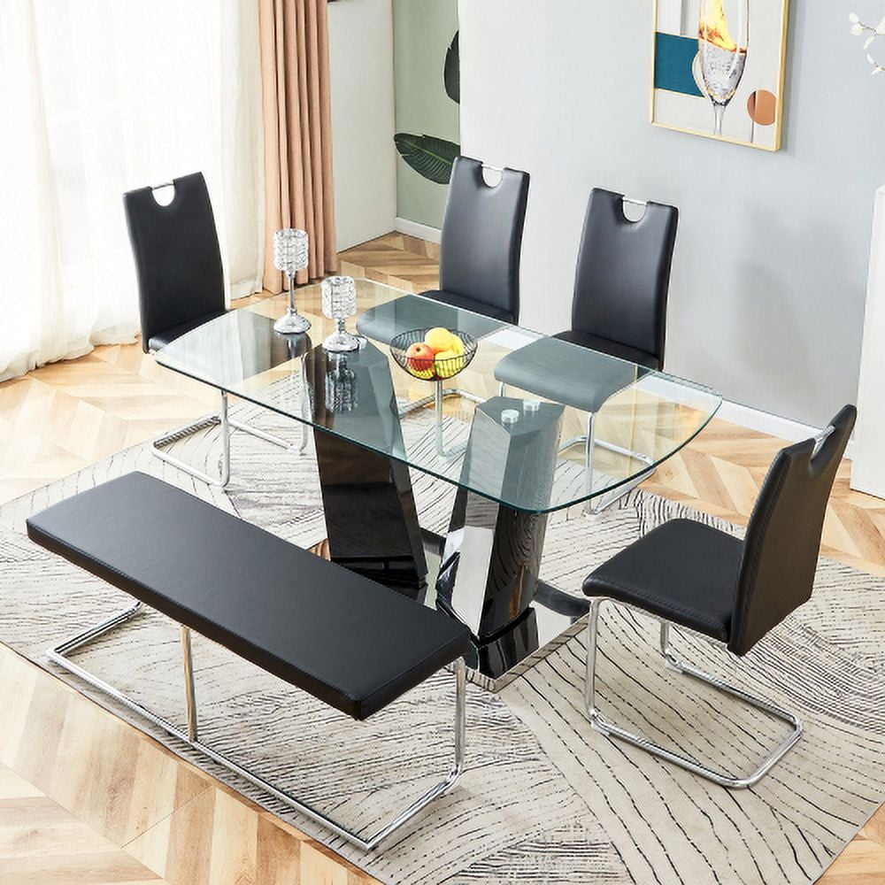 Walmart 63" Dining Table Set, 6-piece, Glass Tabletop, V-shaped MDF ...