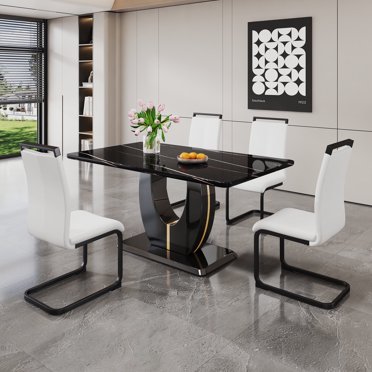 Dining Table Set for 8 And Sudica 71" Faux Marble White Rectangular Dining Table and Upholstered ...