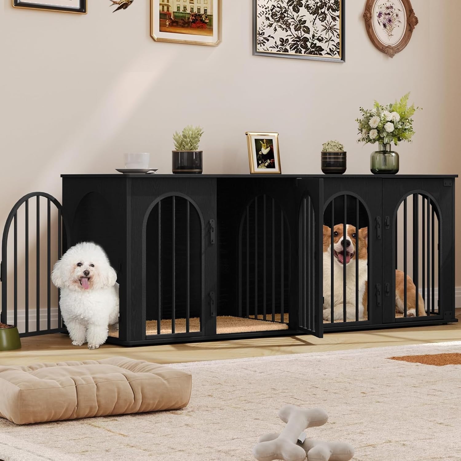 63" Dog Crate Furniture for 2 Dogs,XL Wooden Dog Cage with Divider ...