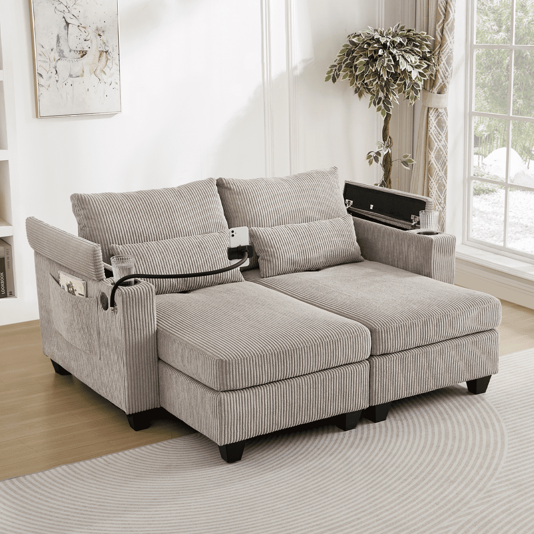 63" Double Chaise Lounge with USB Ports, Sleeper Sofa Bed with Cup ...
