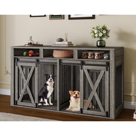 63" Double Dog Crate for 2 Large Dogs, Farmhouse Style Dog Crate ...