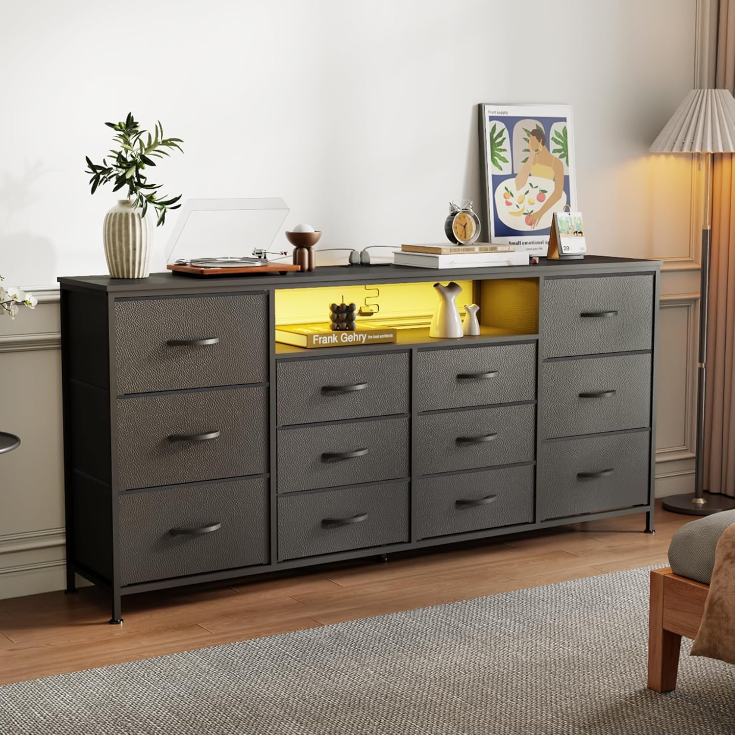 63" Dresser TV Stand for 65 70 75 Inch TV, Fabric Chest of Drawers with ...