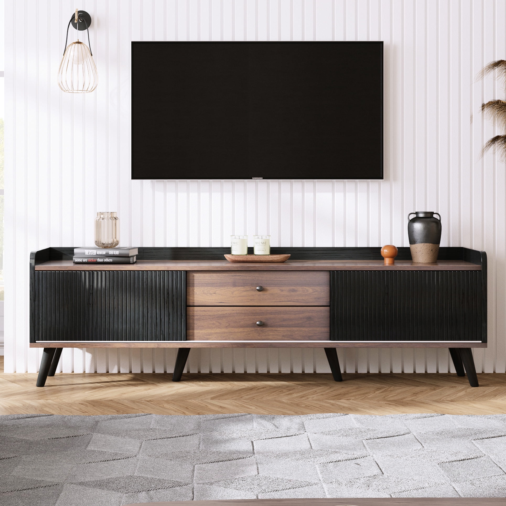 63'' Entertainment Center Tv Stand, Mid Century Style With 2 Storage ...