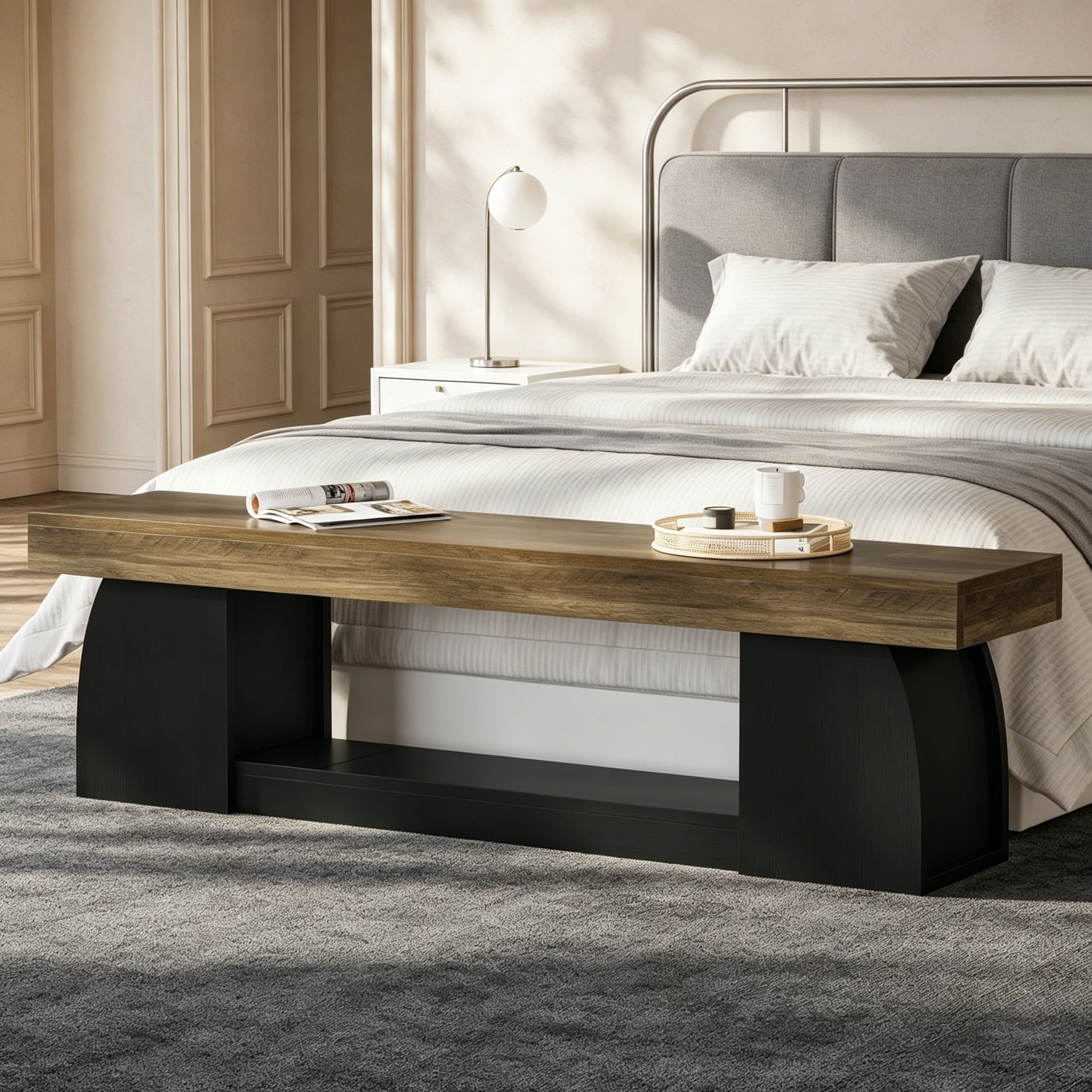 63" Entryway Bench with Storage, 2-Tier Farmhouse Long End of Bed Bench ...