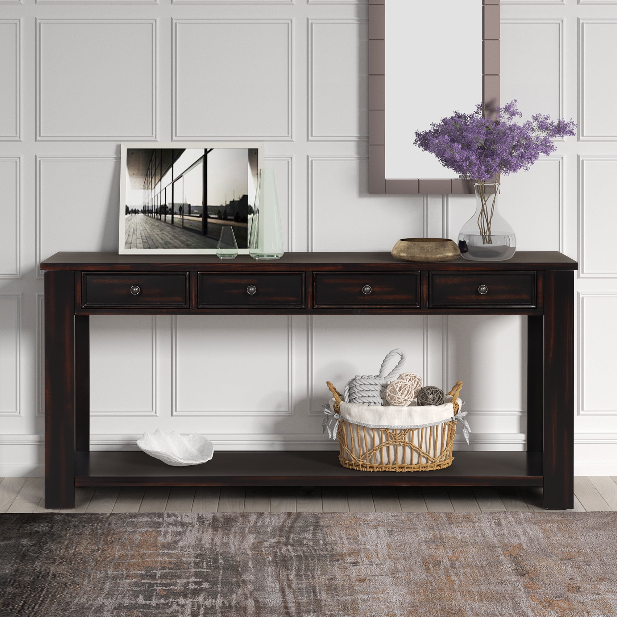 63" Entryway Table with Drawer, Pine Wood Narrow Console Table, Accent ...