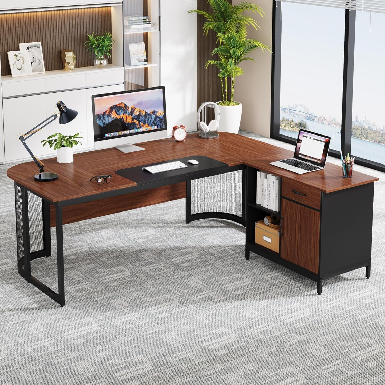 63" Executive Office Desk with 31" Drawer Cabinet, Large L-Shaped ...