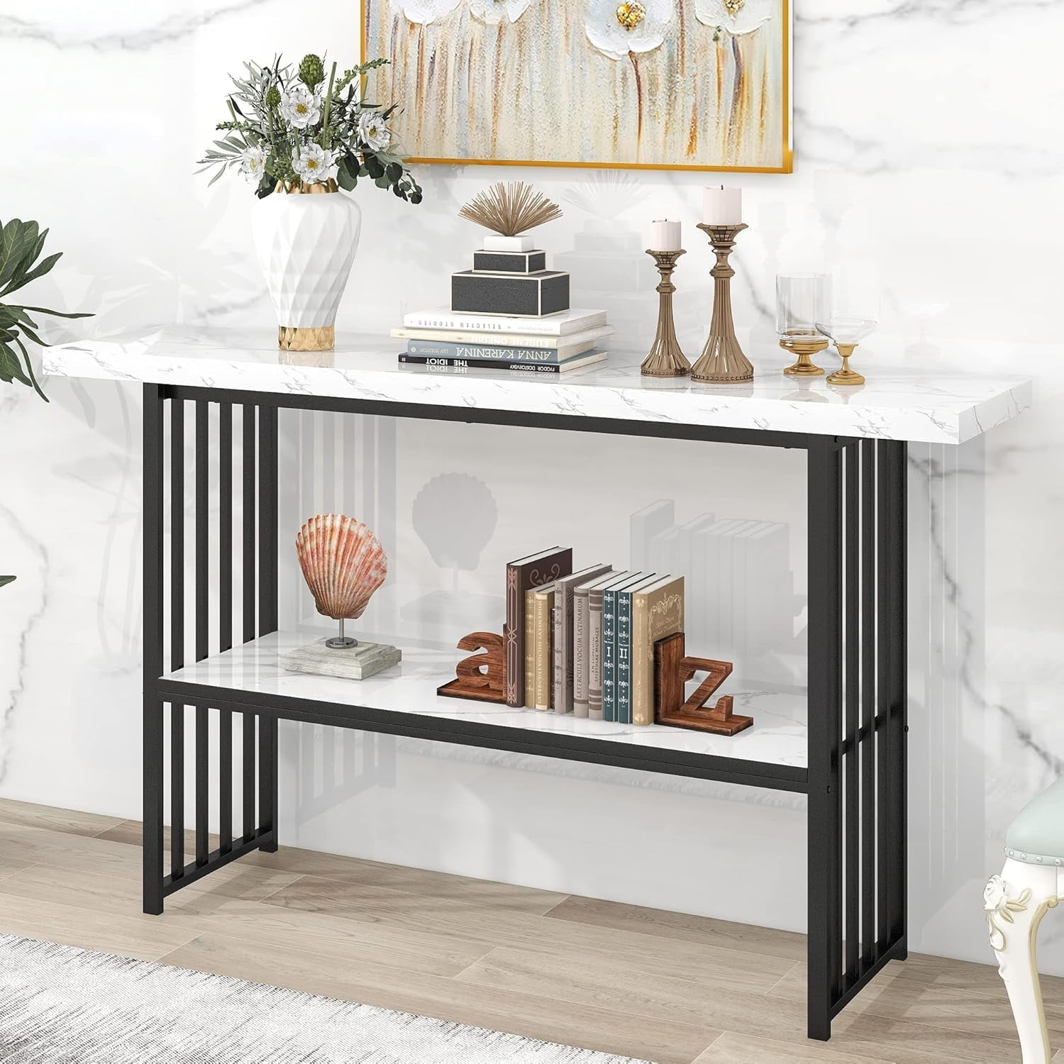 63" Extra Long Console Table with Faux Marble Top & Metal Frame, 2-Tier ...