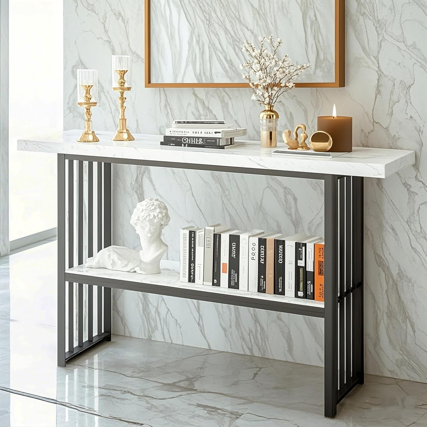 63" Extra Long Entryway Table with Faux Marble Top & Metal Frame ...